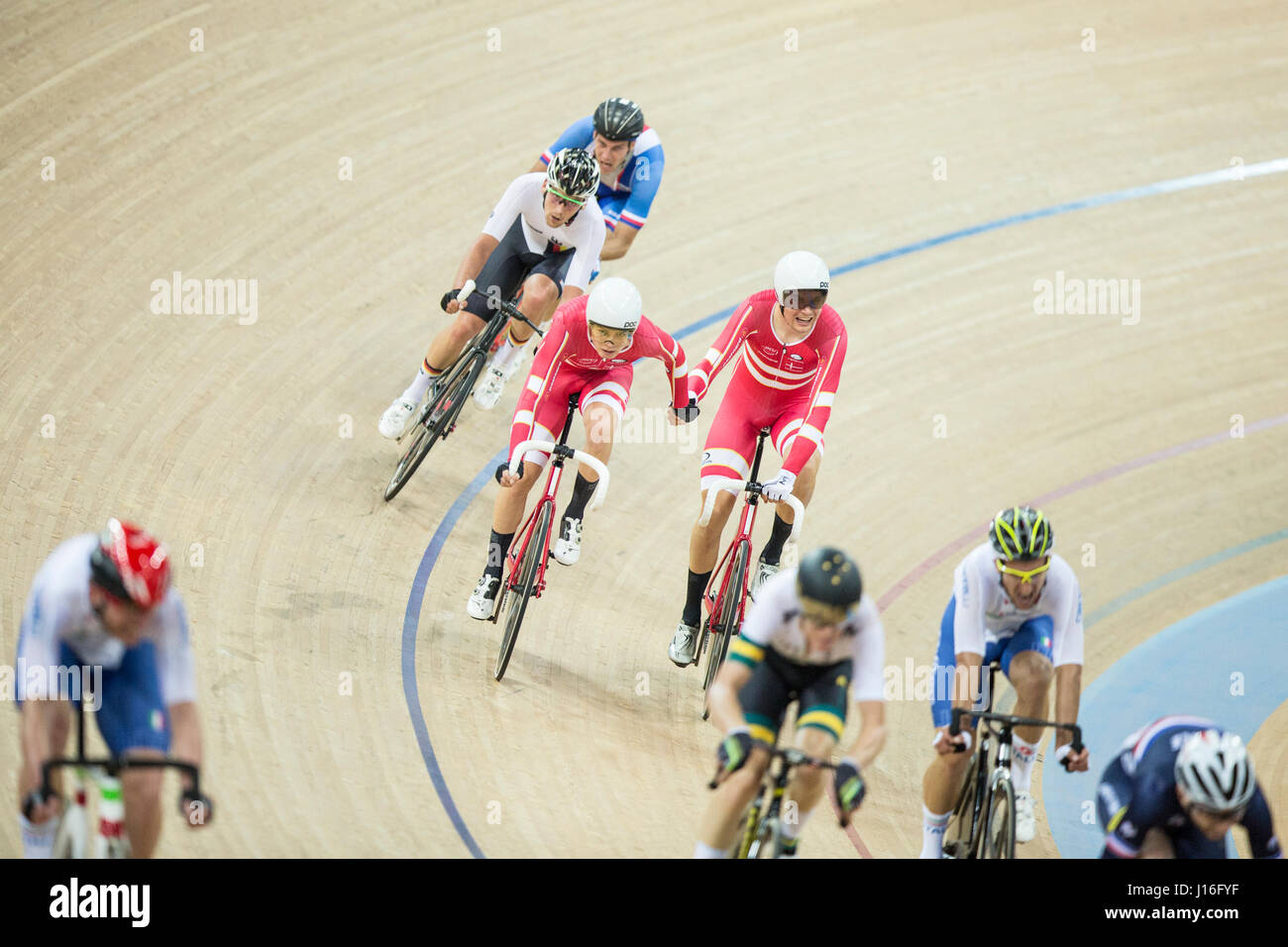Riders compete in the Men's Madison race in Hong Kong during the Track ...