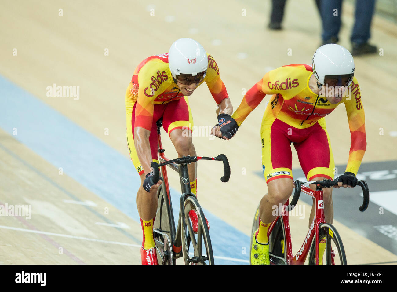 Riders compete in the Men's Madison race in Hong Kong during the Track ...