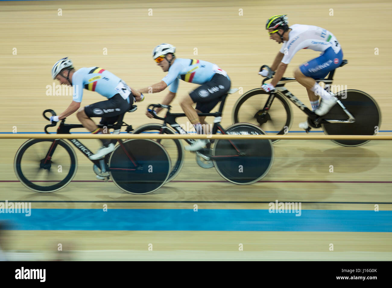 Riders compete in the Men's Madison race in Hong Kong during the Track ...