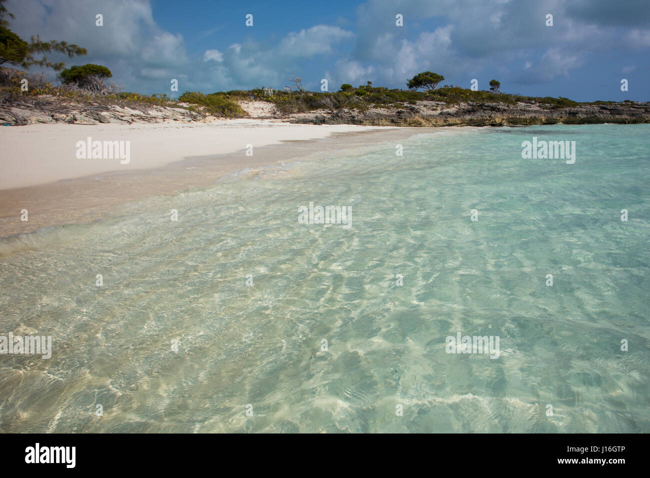 Crystal clear water laps at a pristine beach in the Exuma Islands ...