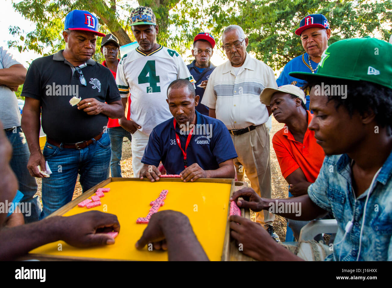 A Group Of Men Play Dominoes On A Yellow Table In The Dominican ...
