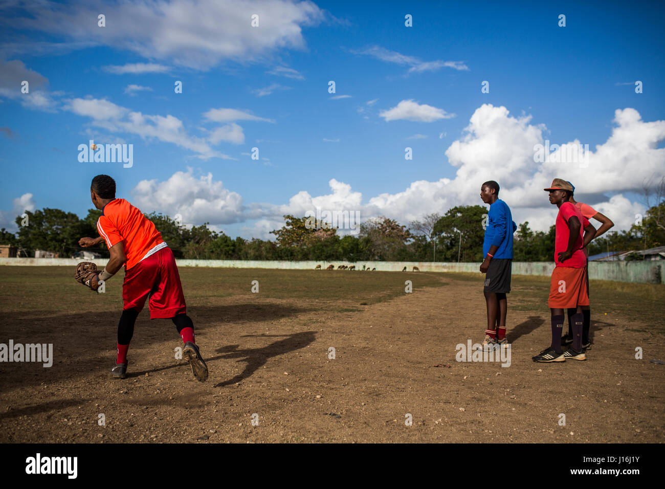 Three Young Men Practice Throwing Baseballs On A Sandlot Baseball Field ...