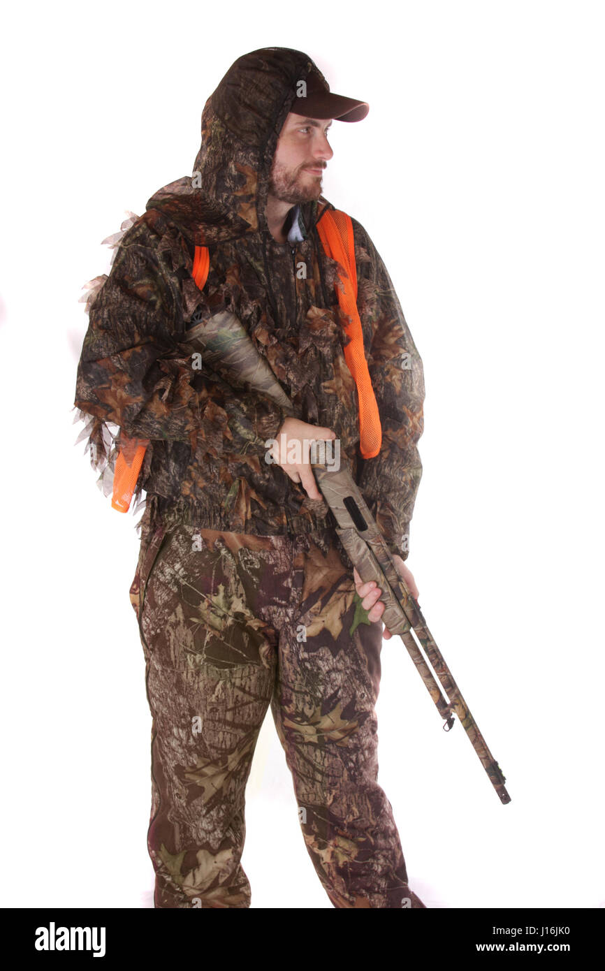 Hunter on White Background in Camo Stock Photo - Alamy