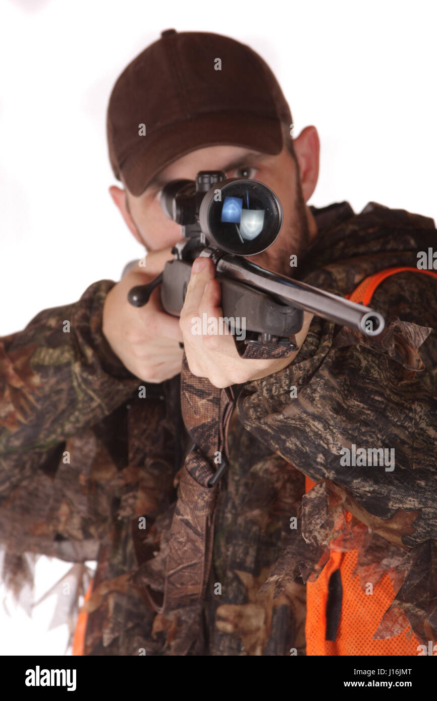 Hunter on White Background in Camo Stock Photo - Alamy