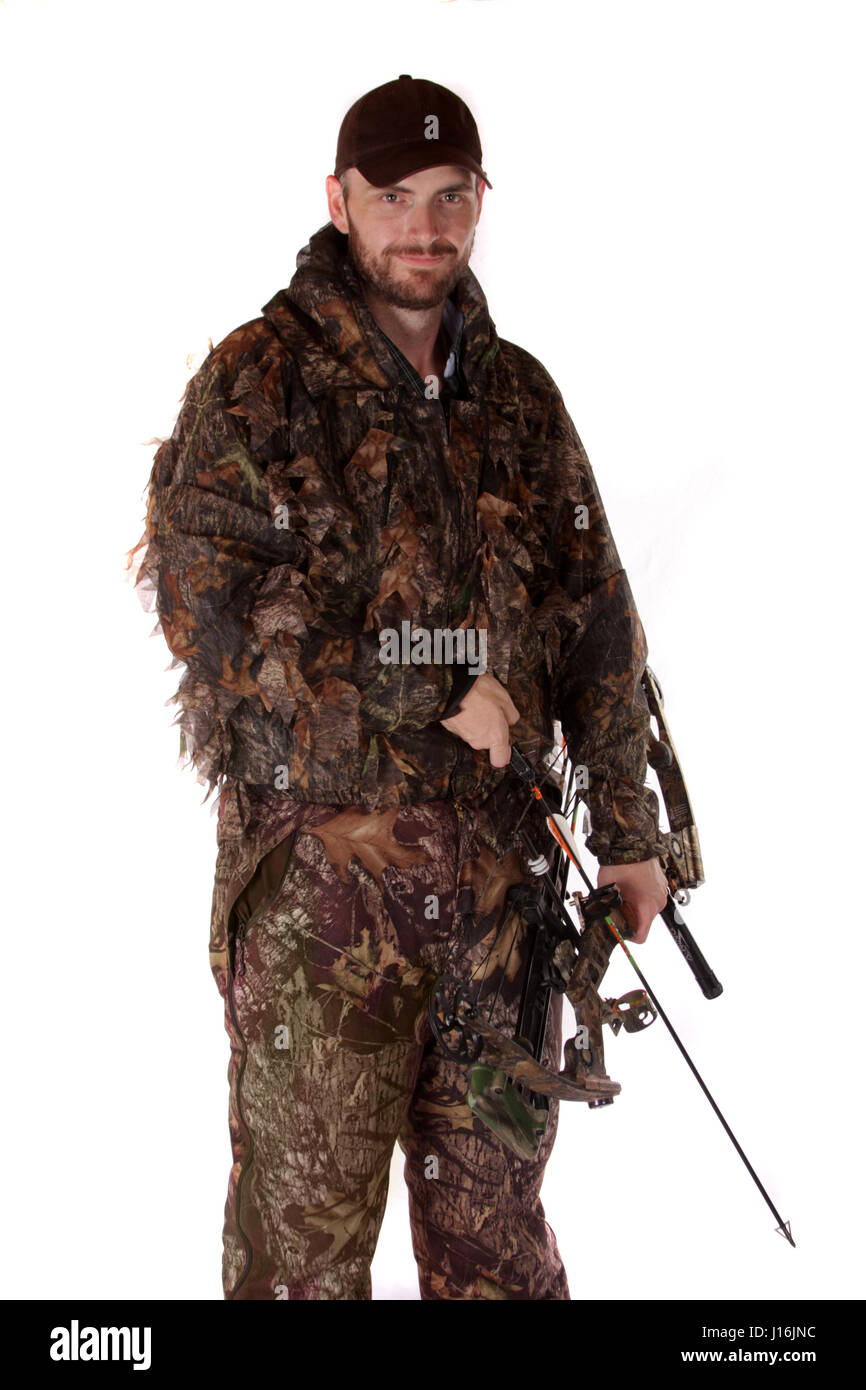 Hunter on White Background in Camo Stock Photo - Alamy