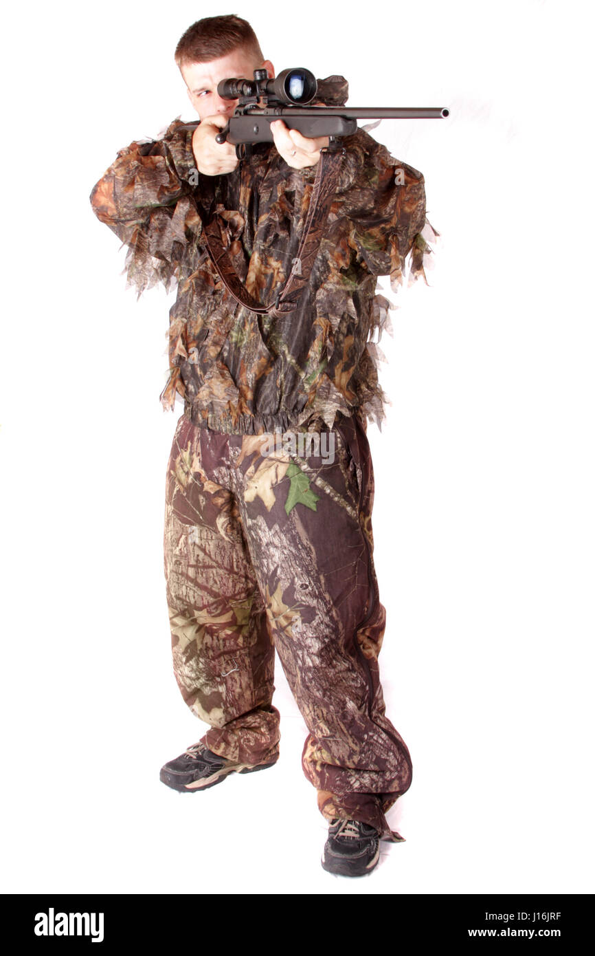 Hunter on White Background in Camo Stock Photo - Alamy