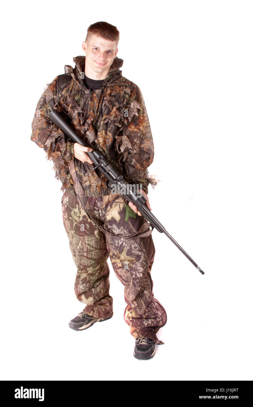 Hunter on White Background in Camo Stock Photo - Alamy