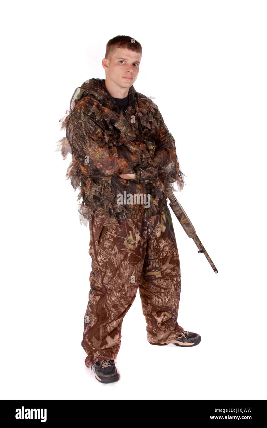 Hunter on White Background in Camo Stock Photo - Alamy