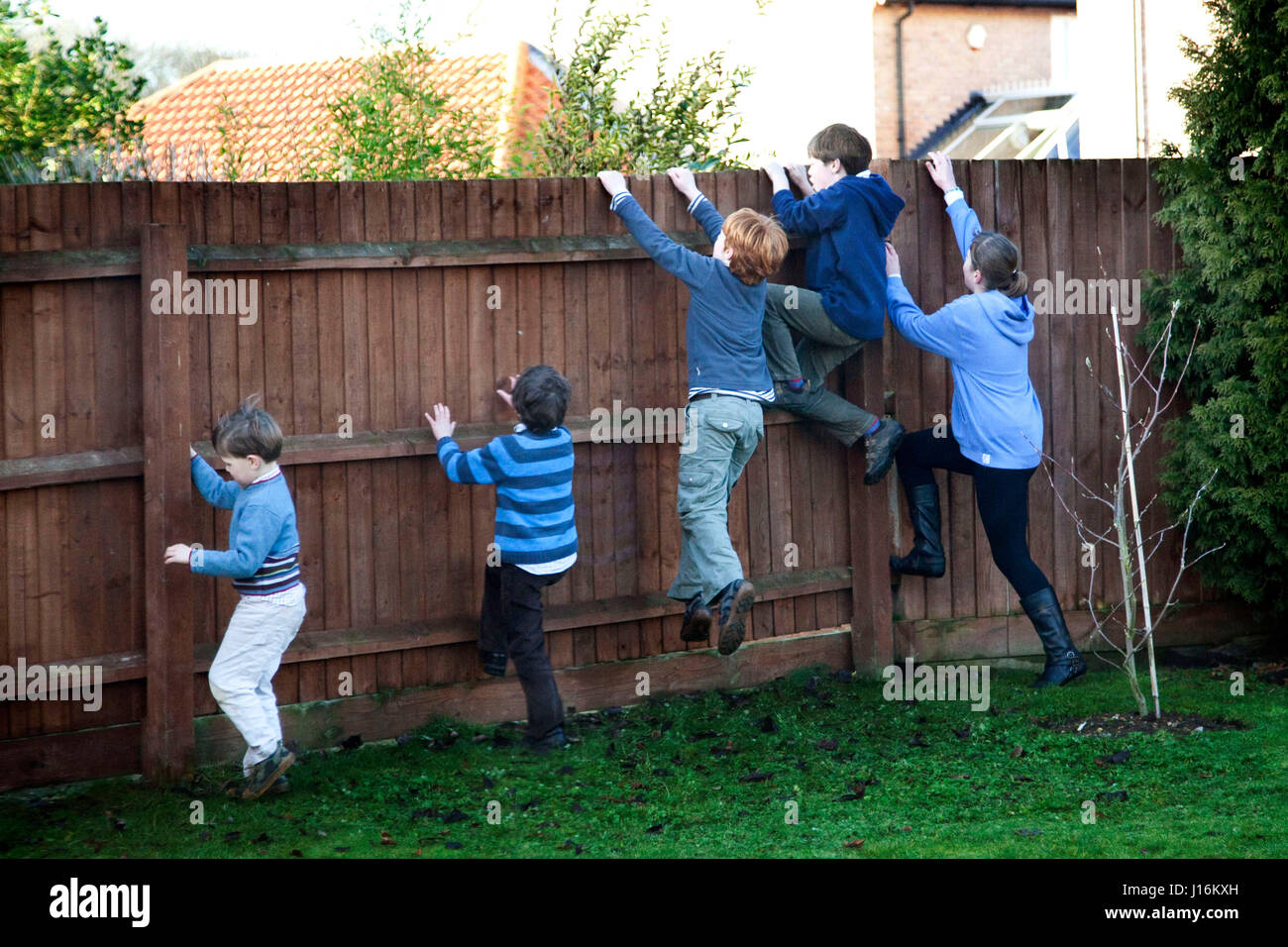 Children climbing wooden garden fence Stock Photo - Alamy