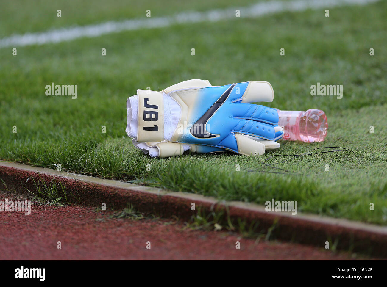 The goal keeping gloves of Stoke City's Jack Butland lie on the side of ...