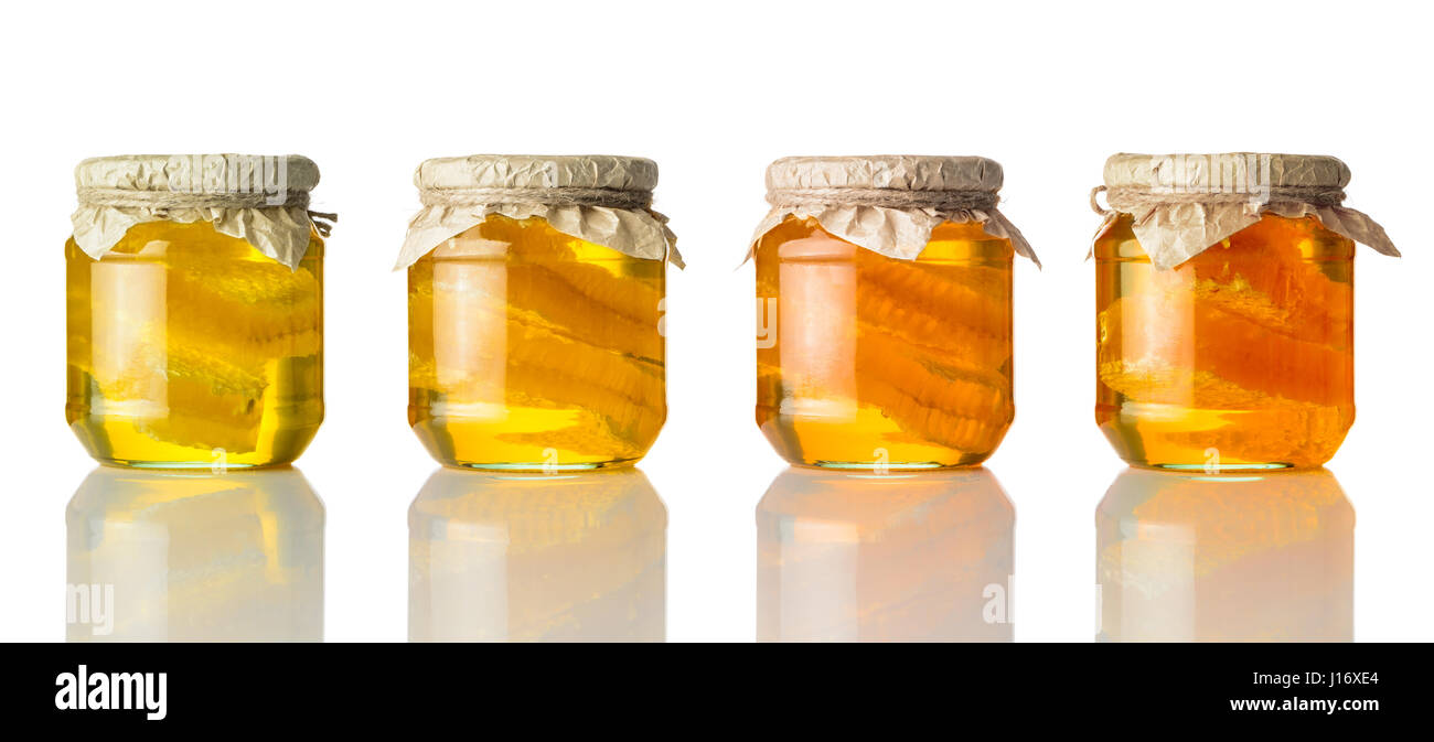 Four Different Colors and Types of Honey isolated on White Background ...
