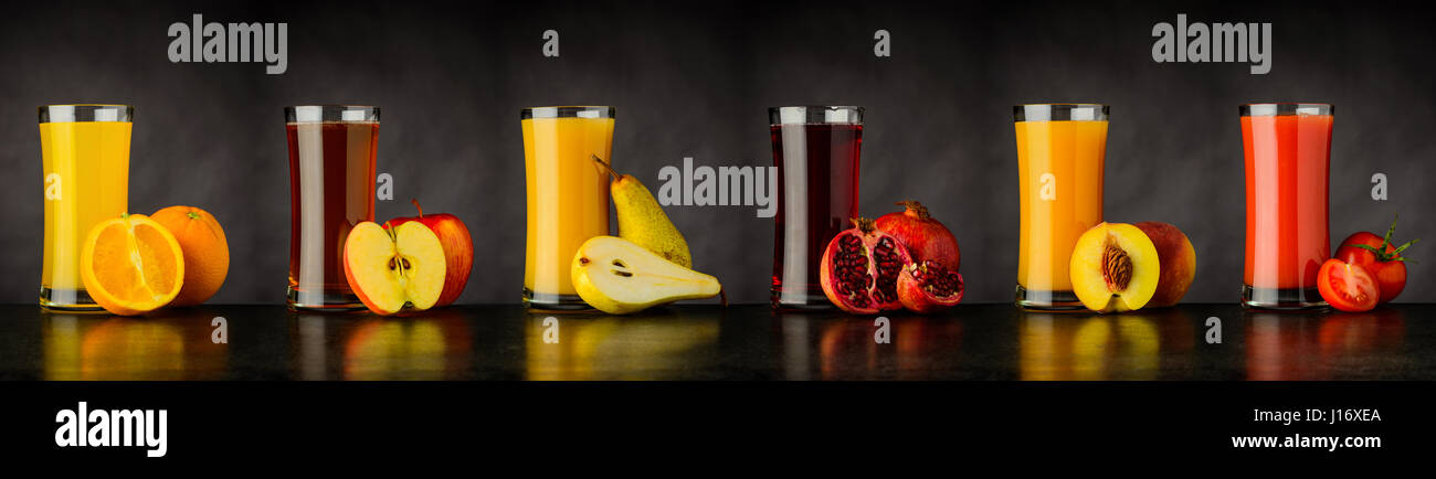 Different types of Fruits Juice Drinks on dark Background in Collage ...