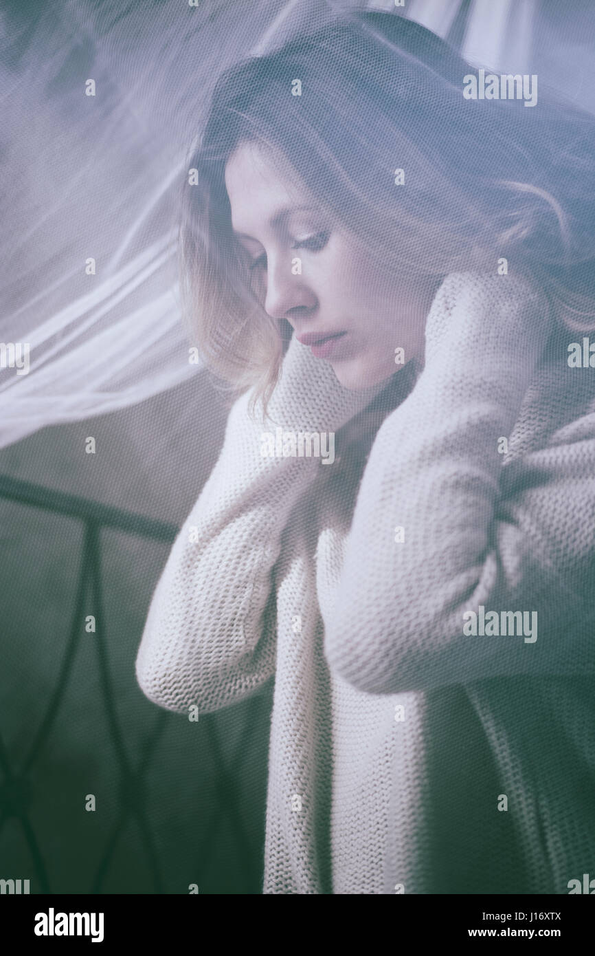 Beautiful young woman hands touching neck Stock Photo - Alamy