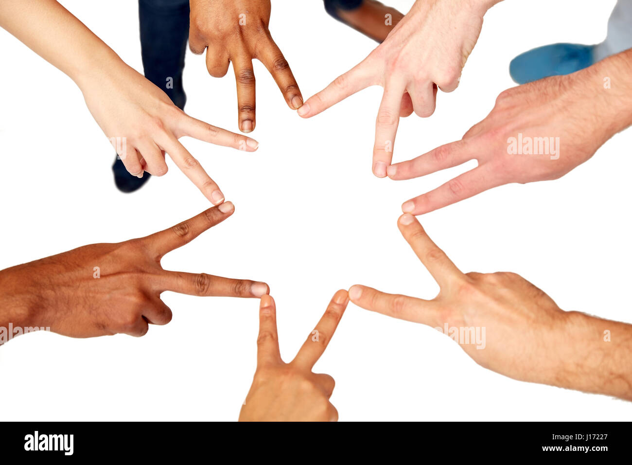 group of international people showing peace sign Stock Photo - Alamy