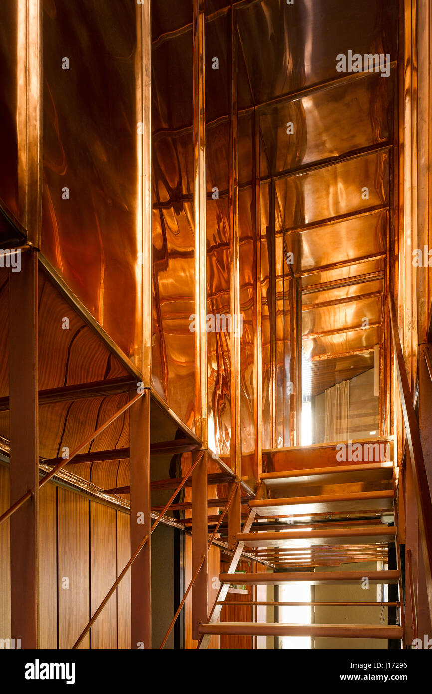 Interior view of copper staircase showing enclosure. K House, Ranelagh ...