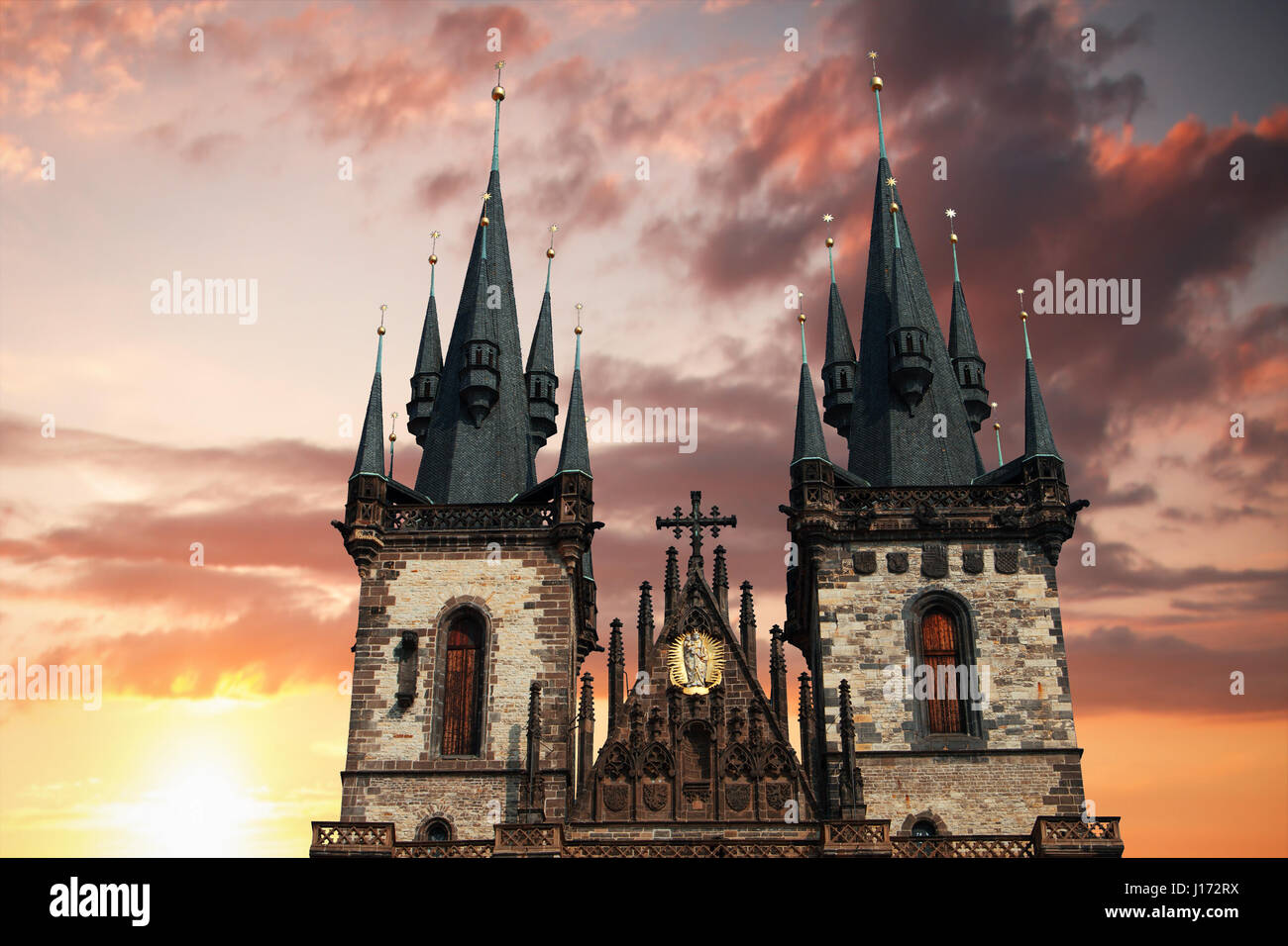 Prague Old town square, Tyn Cathedral. under sunlight Stock Photo - Alamy