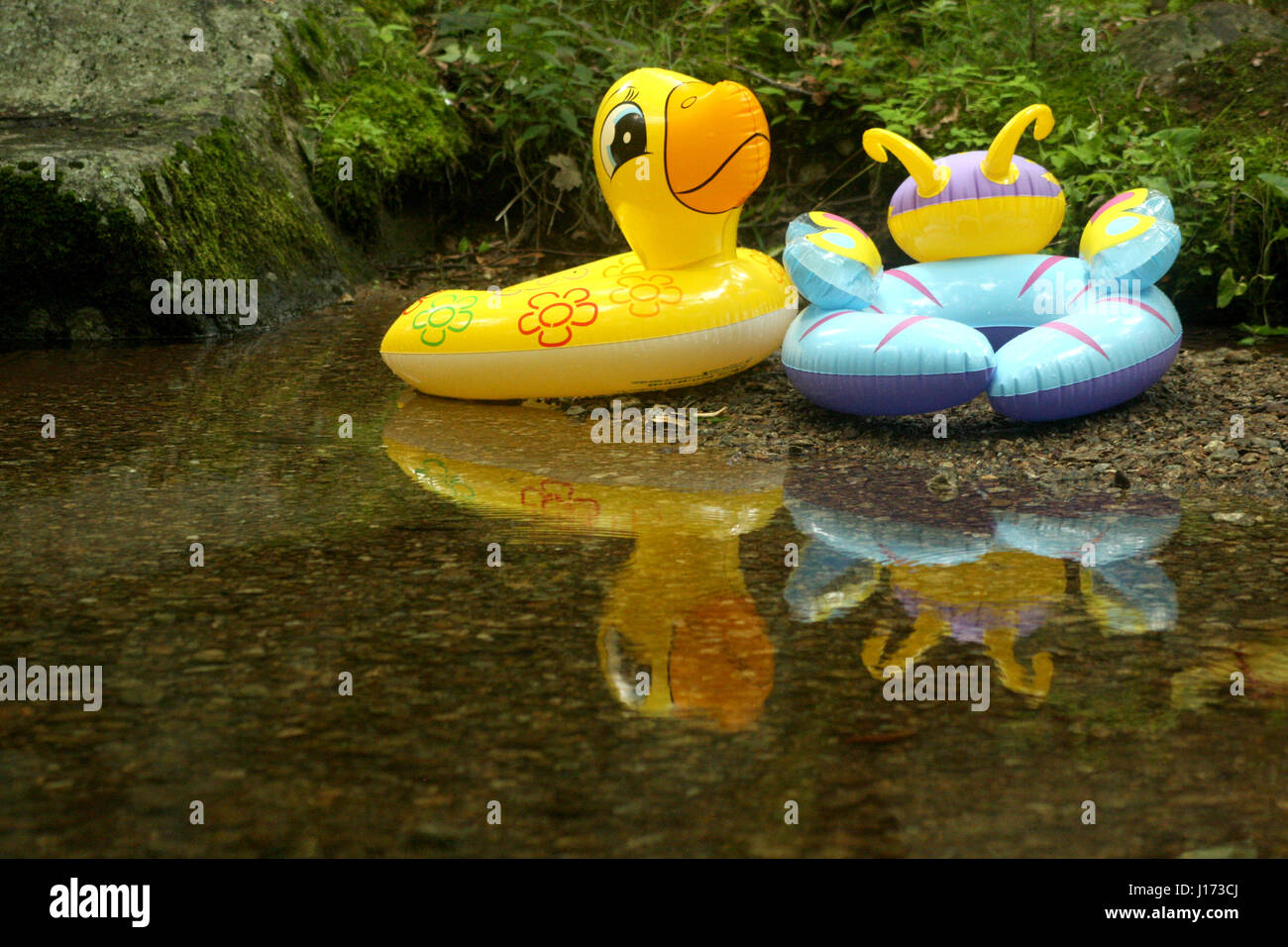 Colorful floaters by the side of a creek Stock Photo - Alamy