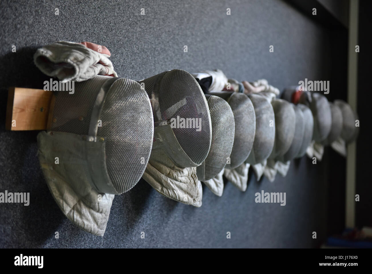 Tauberbischofsheim, Germany. 18th Apr, 2017. Fencing masks can be seen ...