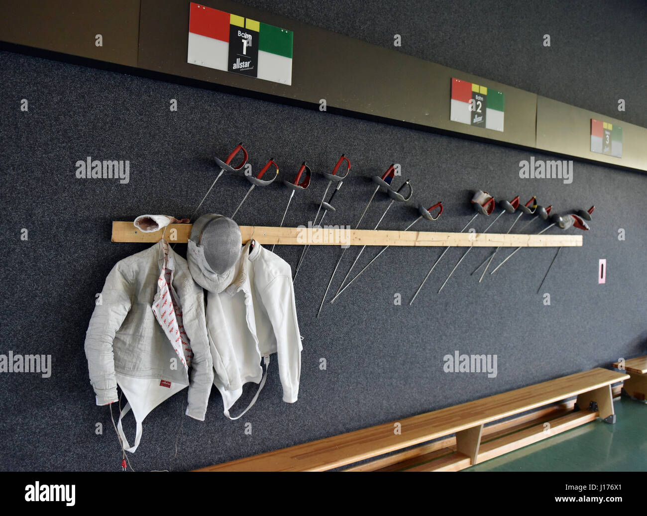 Tauberbischofsheim, Germany. 18th Apr, 2017. Fencing equipment can be ...