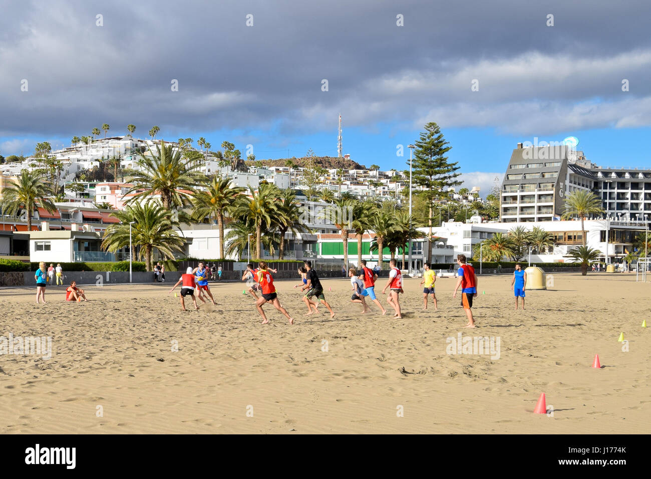 GRAN CANARIA, SPAIN - MARCH 23, 2017: People playing beach rugby in San ...