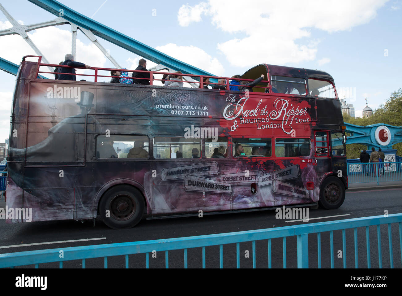 London, UK. 18th Apr, 2017. People take a Jack the Ripper bus tour in ...