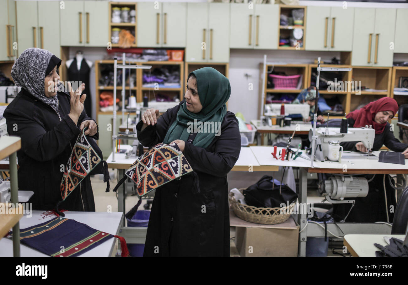 Gaza. 18th Apr, 2017. Palestinian deaf women work on embroidery at ...