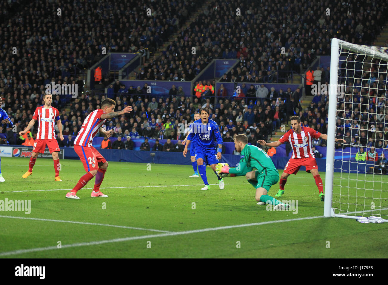 Leicester, England, 18th, April, 2017. Jan Oblak claims the goalmouth ...
