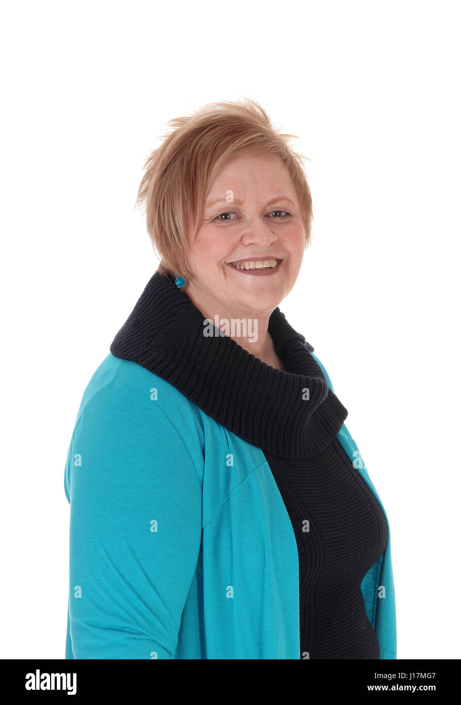 A closeup portrait of a happy smiling senior citizen woman, wearing a ...