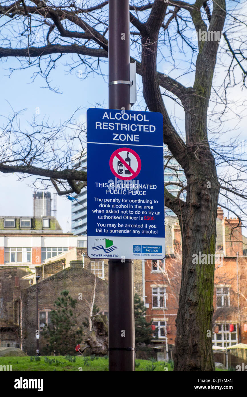 Alcohol Restricted Zone sign, Altab Ali Park, East London, UK Stock ...