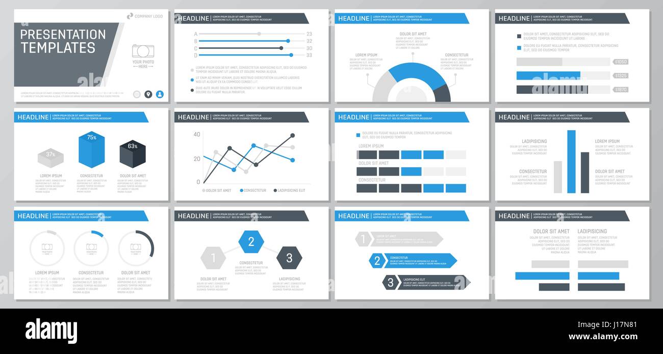 Set of blue elements for multipurpose presentation template slides with ...