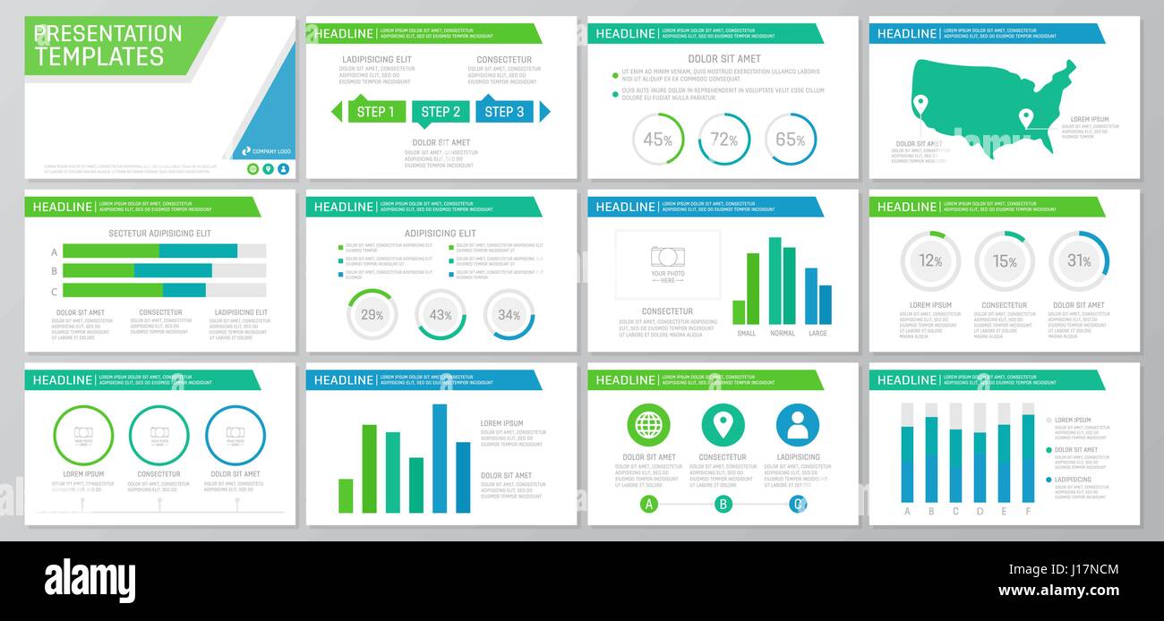 Set of green and blue elements for multipurpose presentation template ...