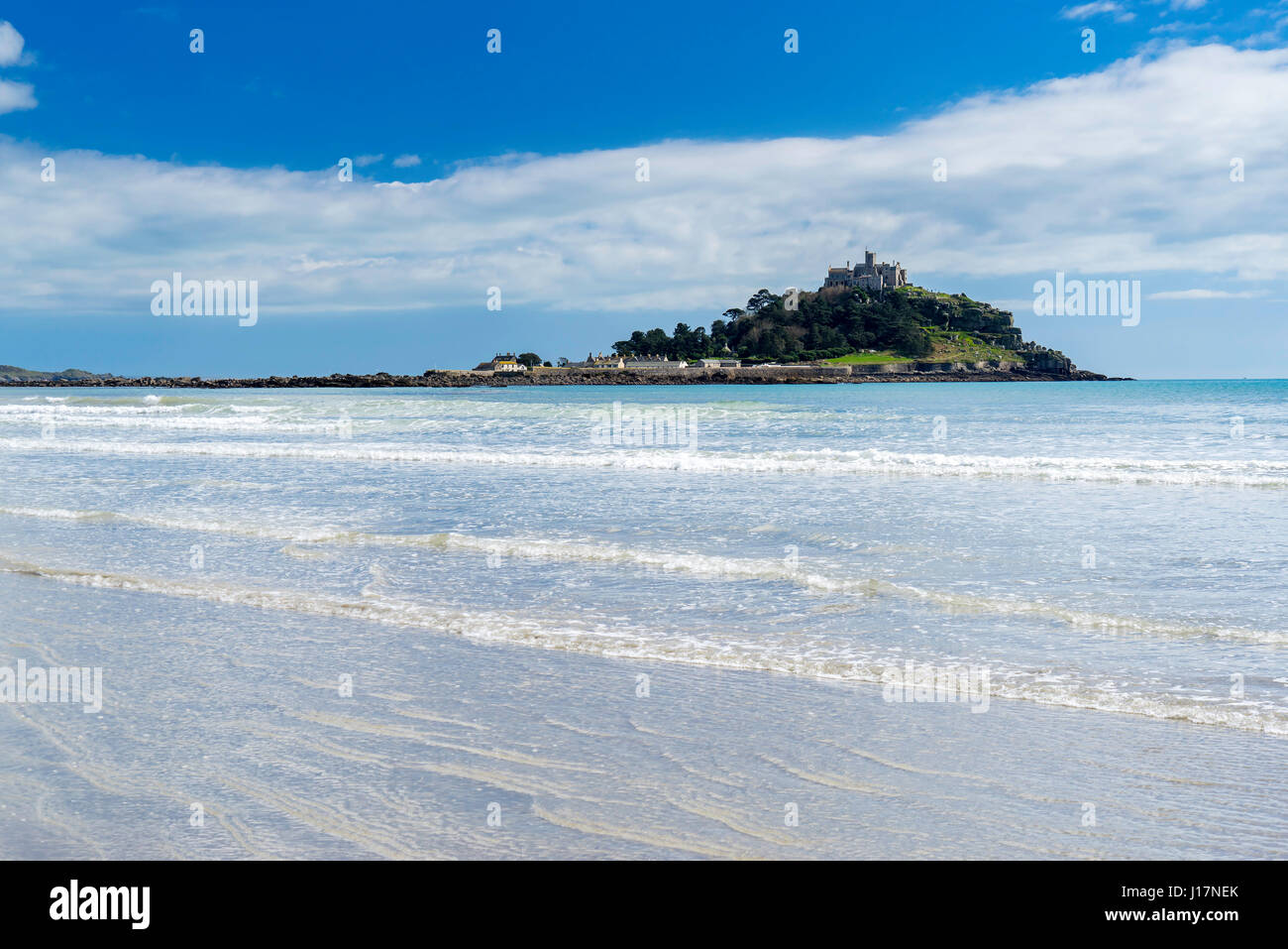 On the beautiful beach at Marazion Cornwall England UK with St Michaels ...