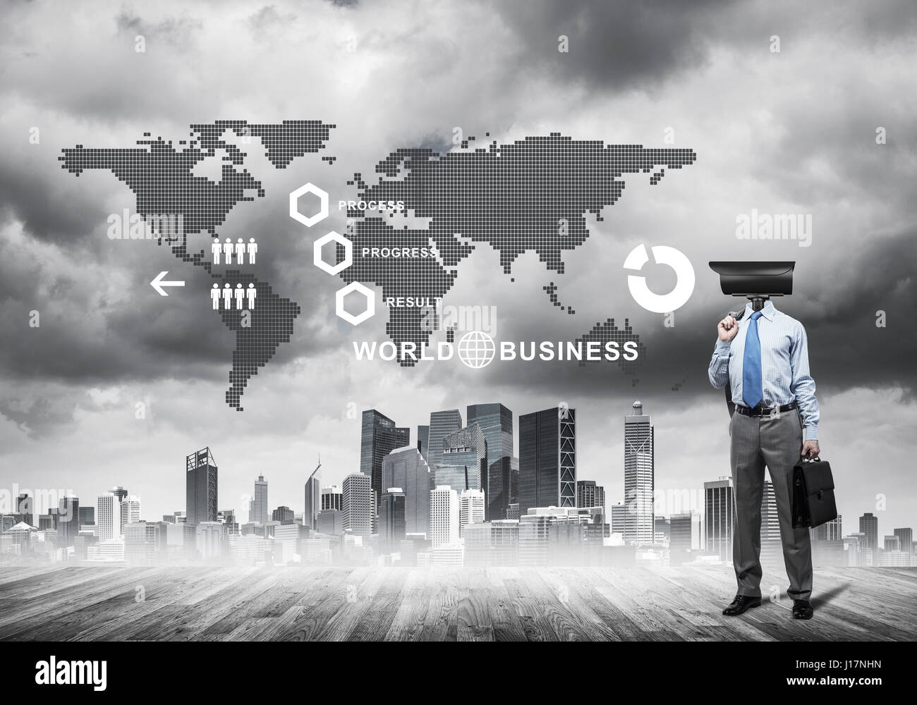 Camera headed man standing on wooden floor against modern citysc Stock ...