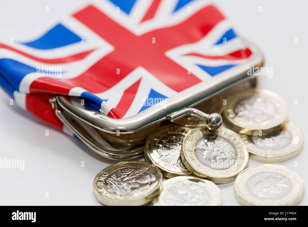 British Union flag purse with new pound (£) coins cash currency Stock ...