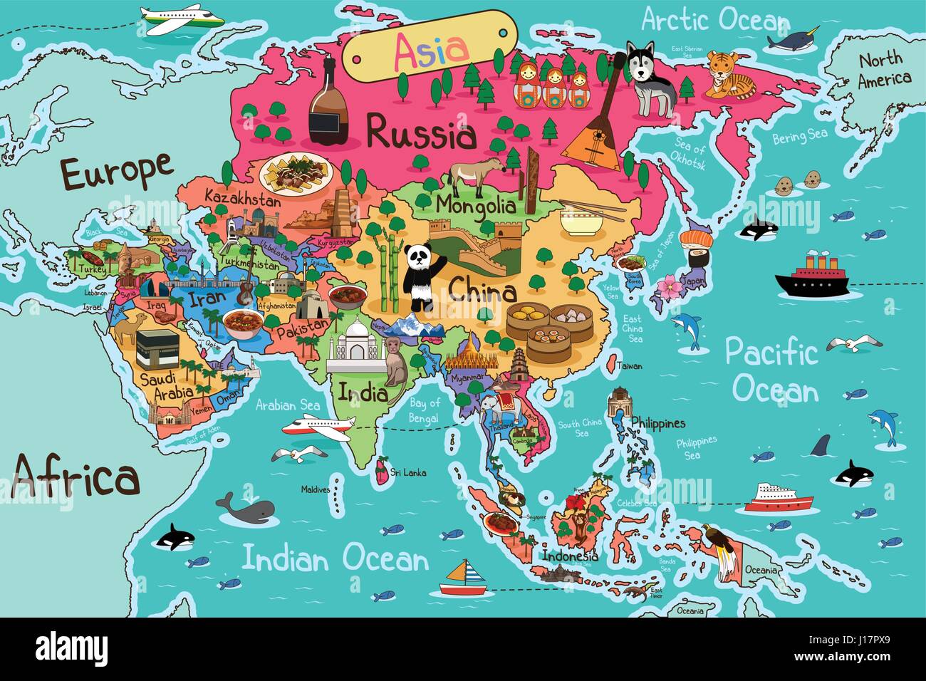 A vector illustration of Asia map in cartoon style Stock Vector Image ...