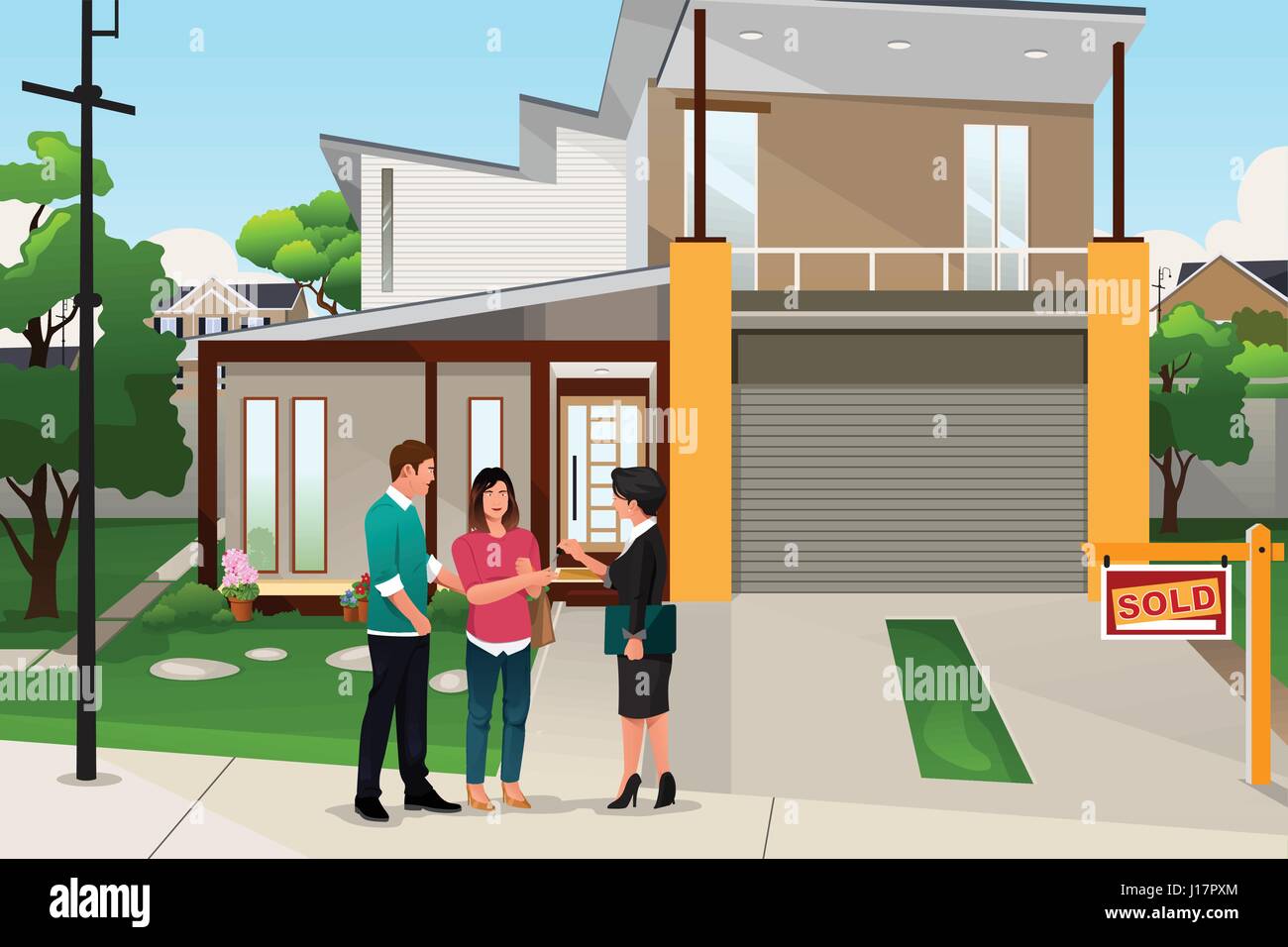 A vector illustration of real estate agent handing the key to a couple ...