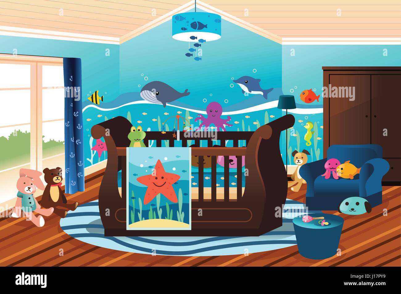A vector illustration of baby nursery room with undersea theme Stock ...