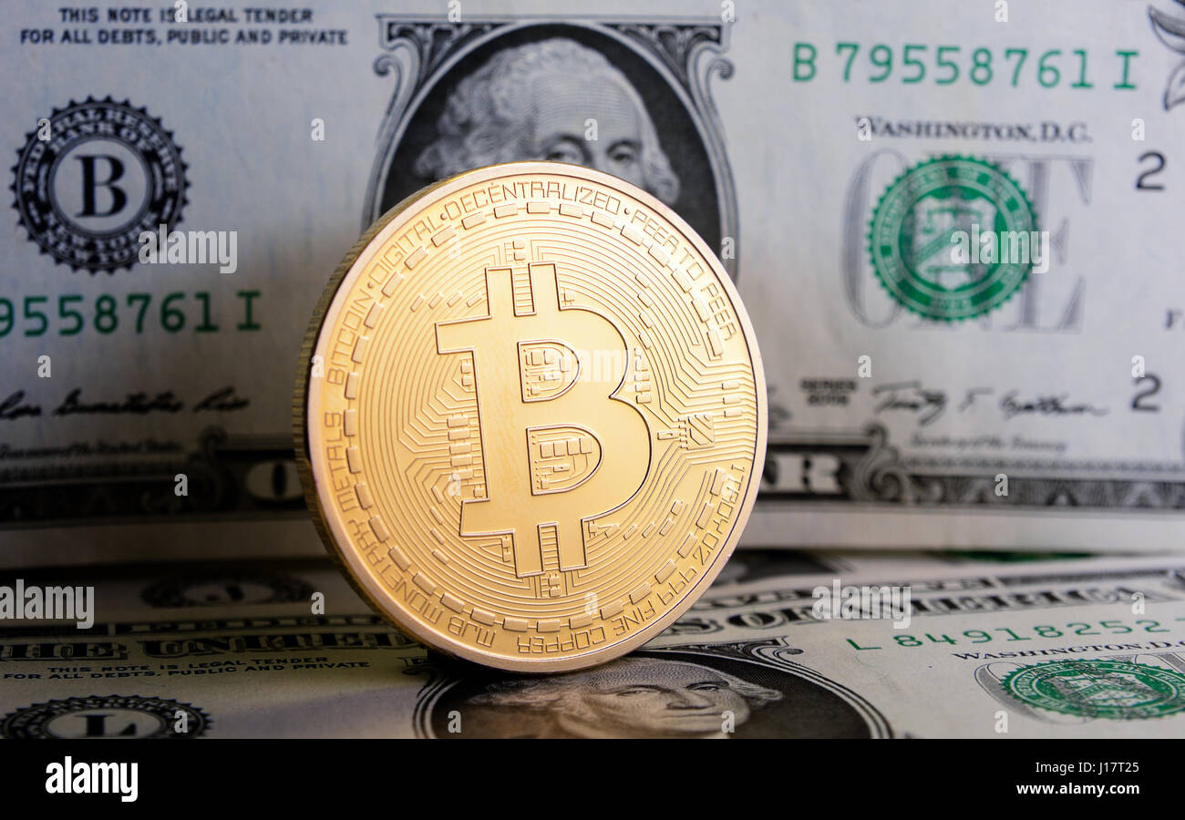 Bitcoin on one dollar banknote. Trading concept Stock Photo - Alamy