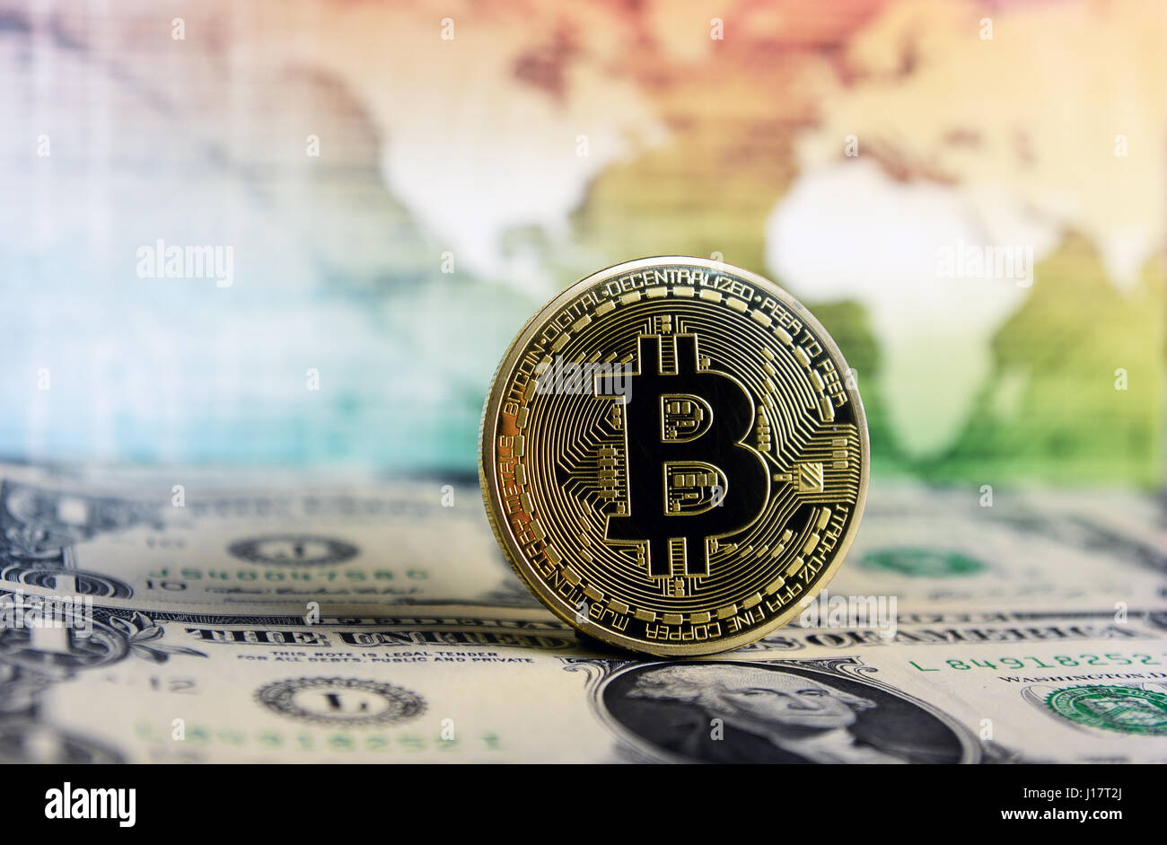 Bitcoin currency on a world map background on dollar bill Stock Photo ...