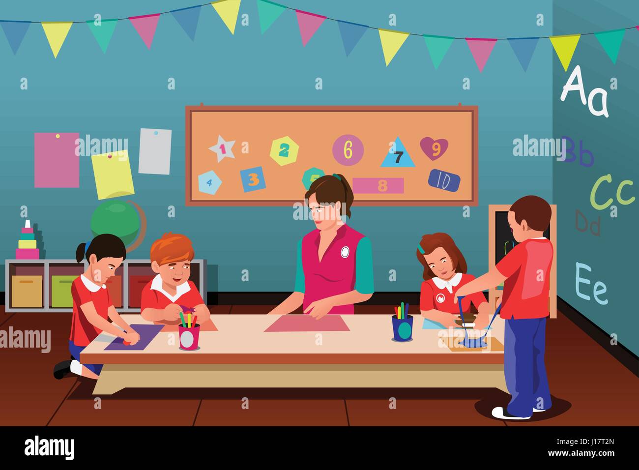 A vector illustration of students studying in class with teacher Stock ...