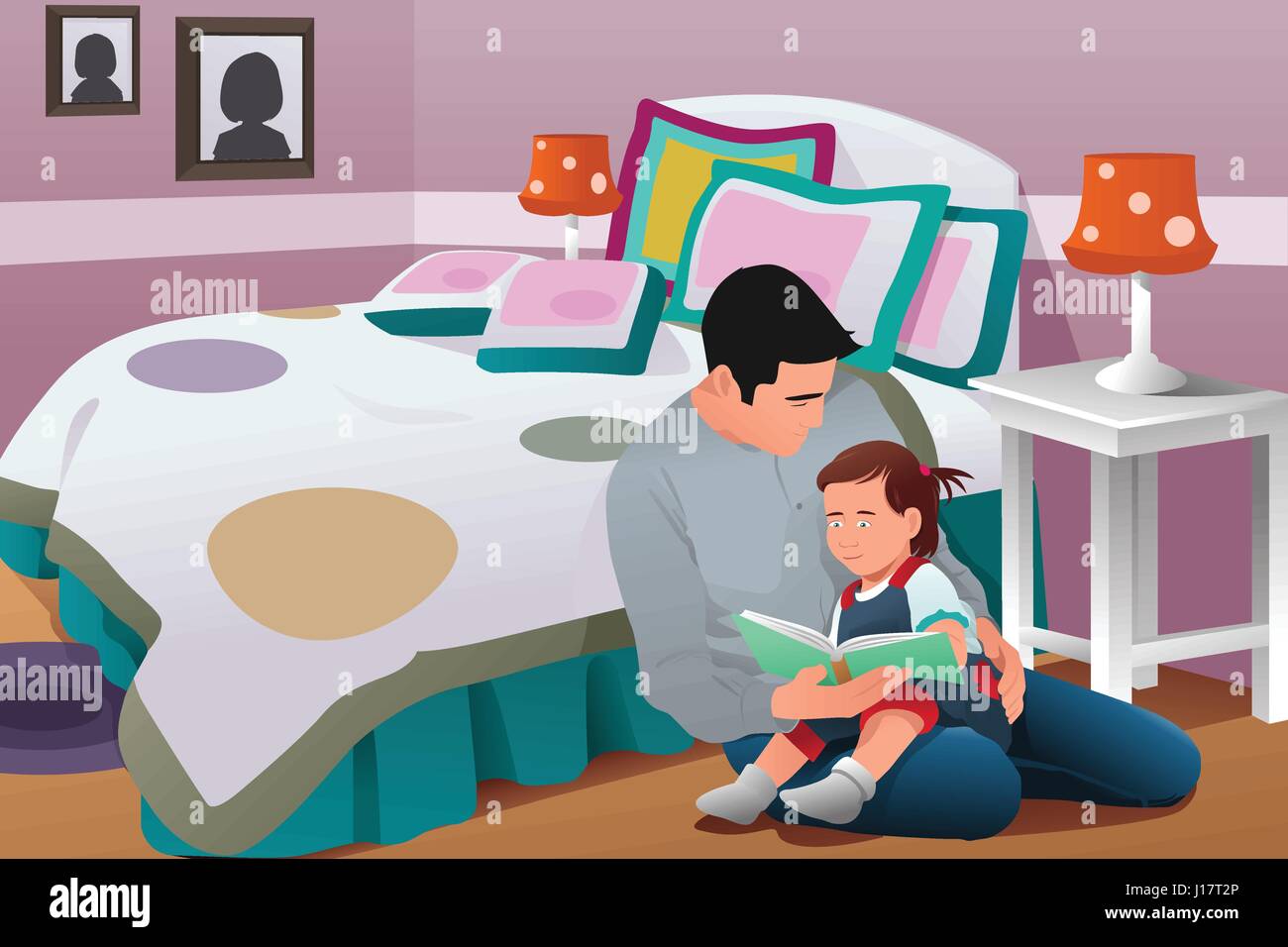 A vector illustration of father telling a story to his daughter in ...