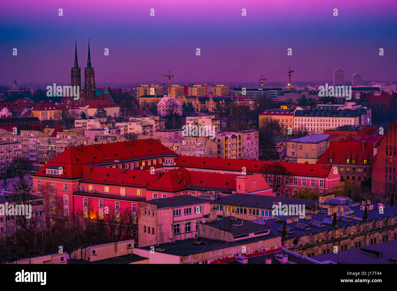 Panorama illuminated old town of Wroclaw at night Stock Photo - Alamy