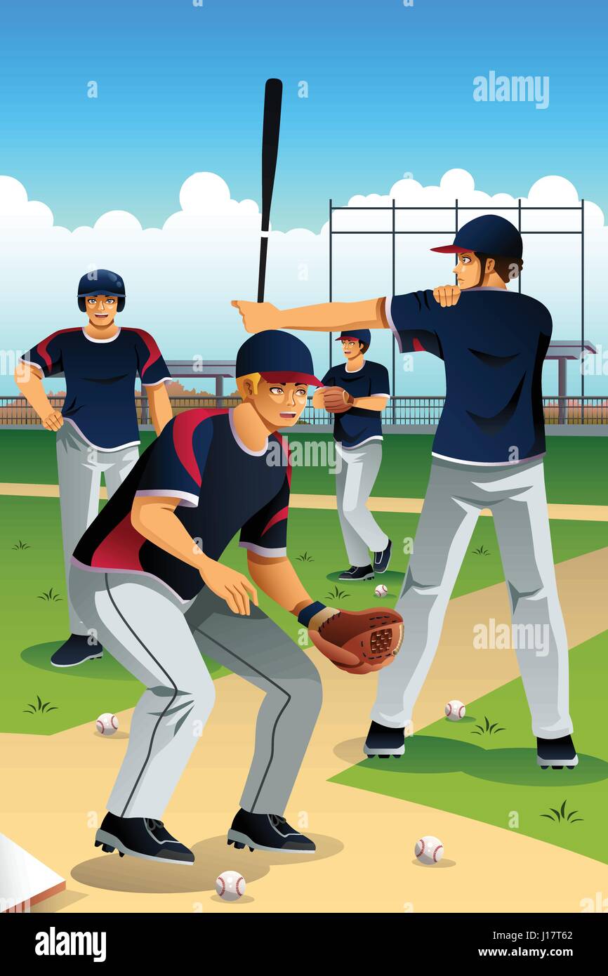 A vector illustration of baseball players training on baseball field ...