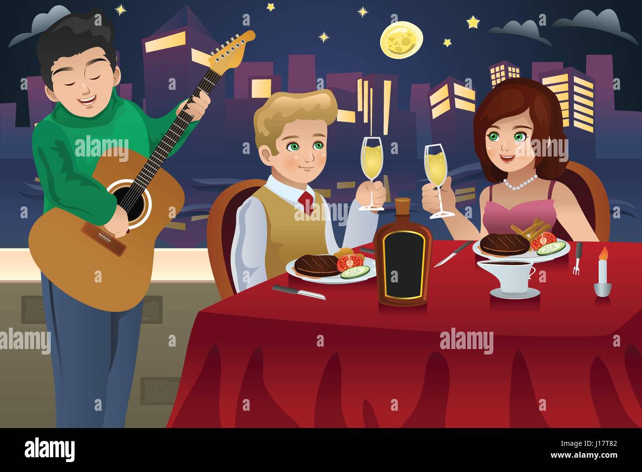A vector illustration of happy couple having romantic dinner together ...