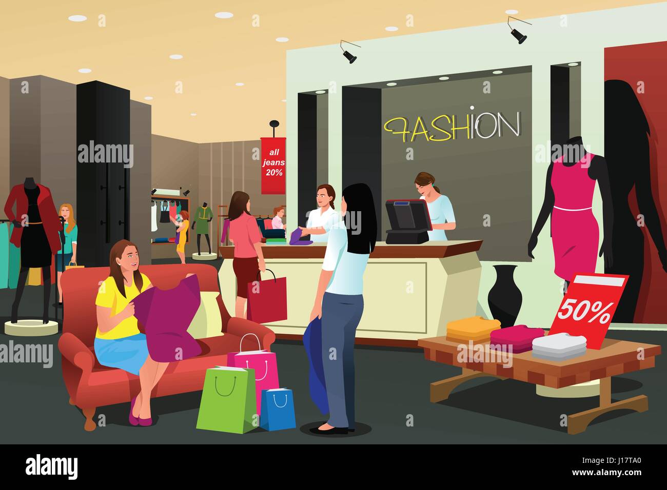 A vector illustration of women shopping in a clothing store Stock ...