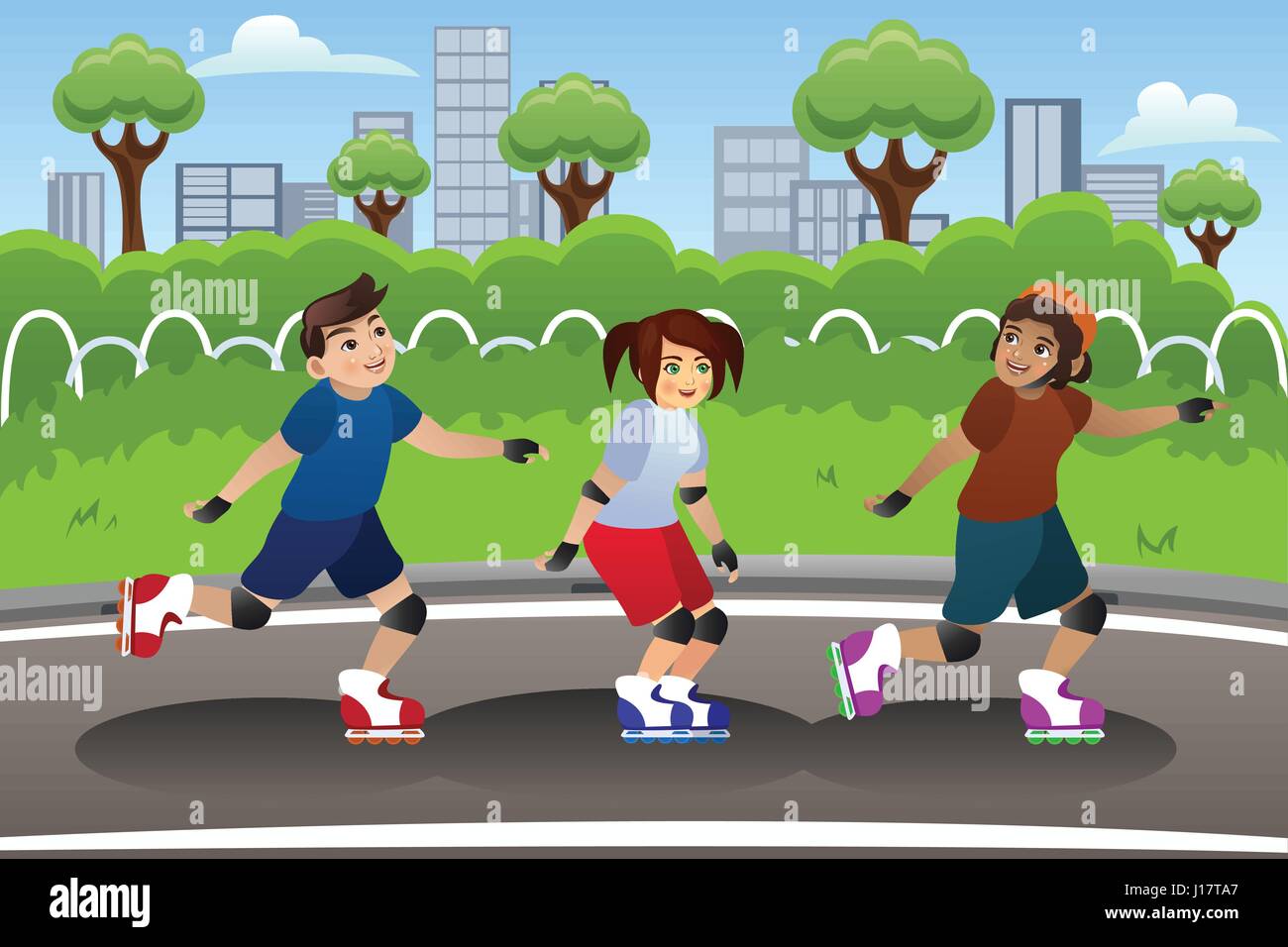 A vector illustration of a group of kids rollerblading outdoor Stock ...