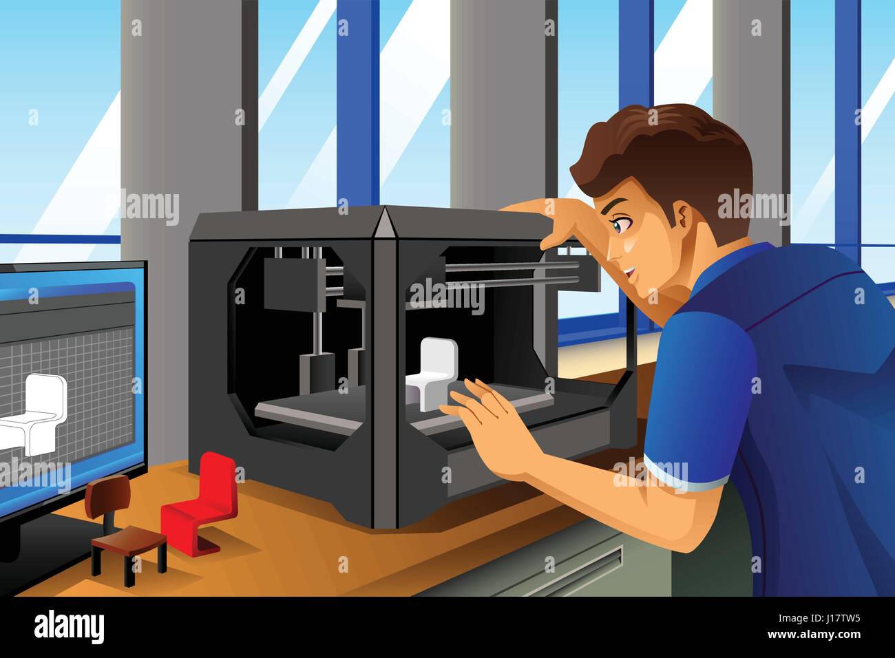 A vector illustration of male architect using a 3D printer in office ...