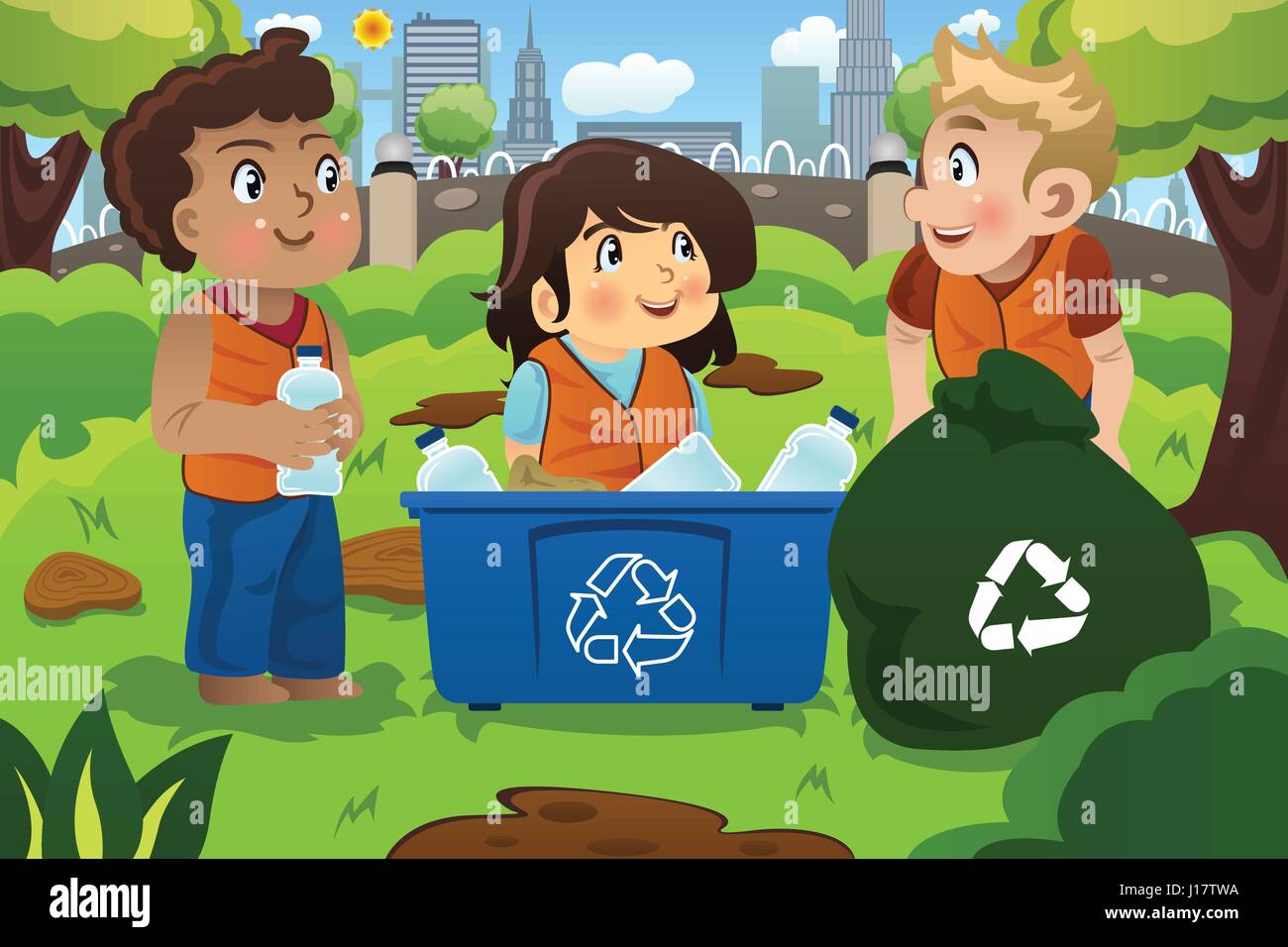 A vector illustration of kids recycles bottles into a recycling bin ...