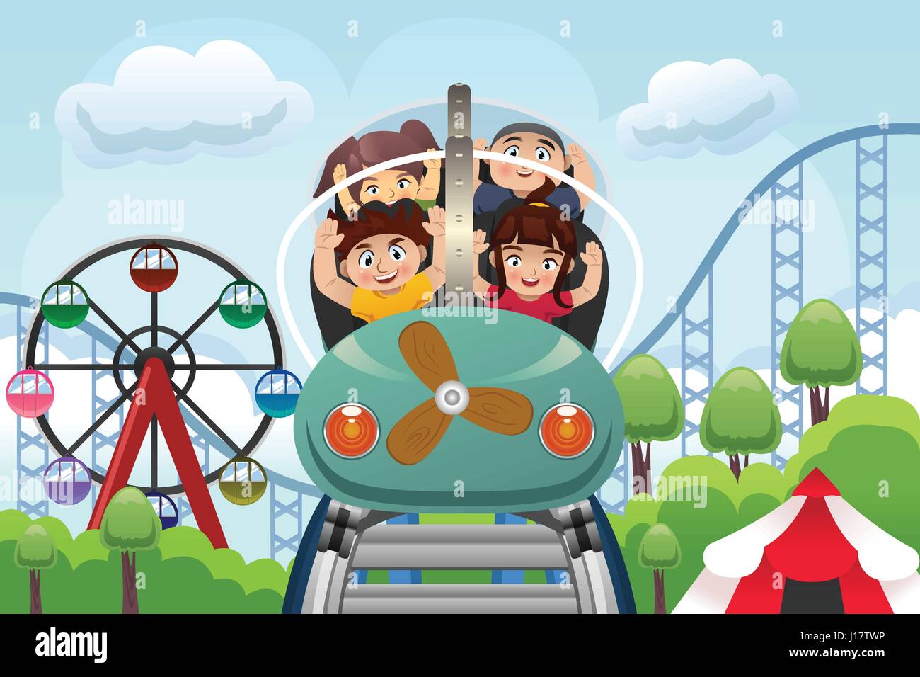 A vector illustration of happy children playing roller coaster in a ...