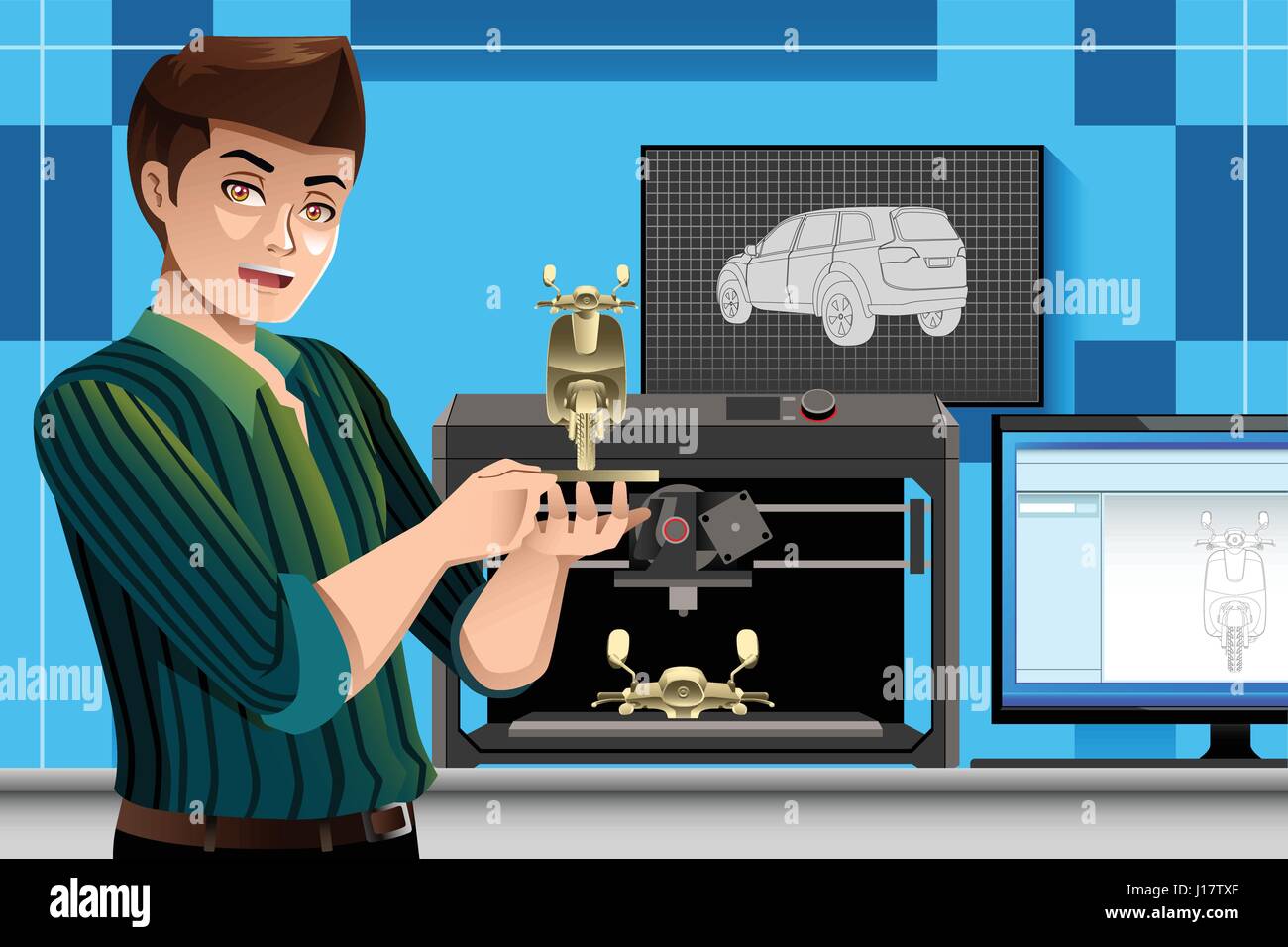 A vector illustration of male architect using a 3D printer in office ...
